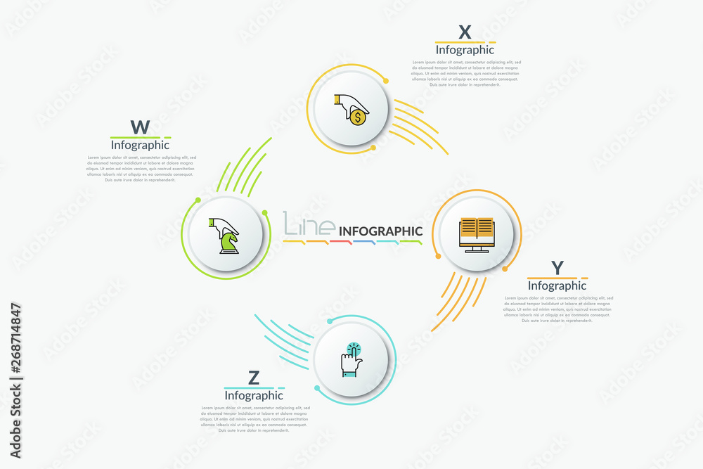 Round diagram with 4 circular elements spinning around center and text ...