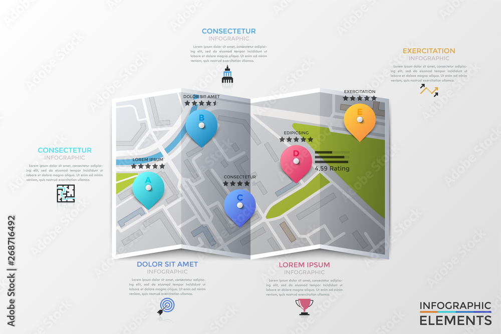 City plan, 5 colorful lettered map pins, five star ranking and text ...
