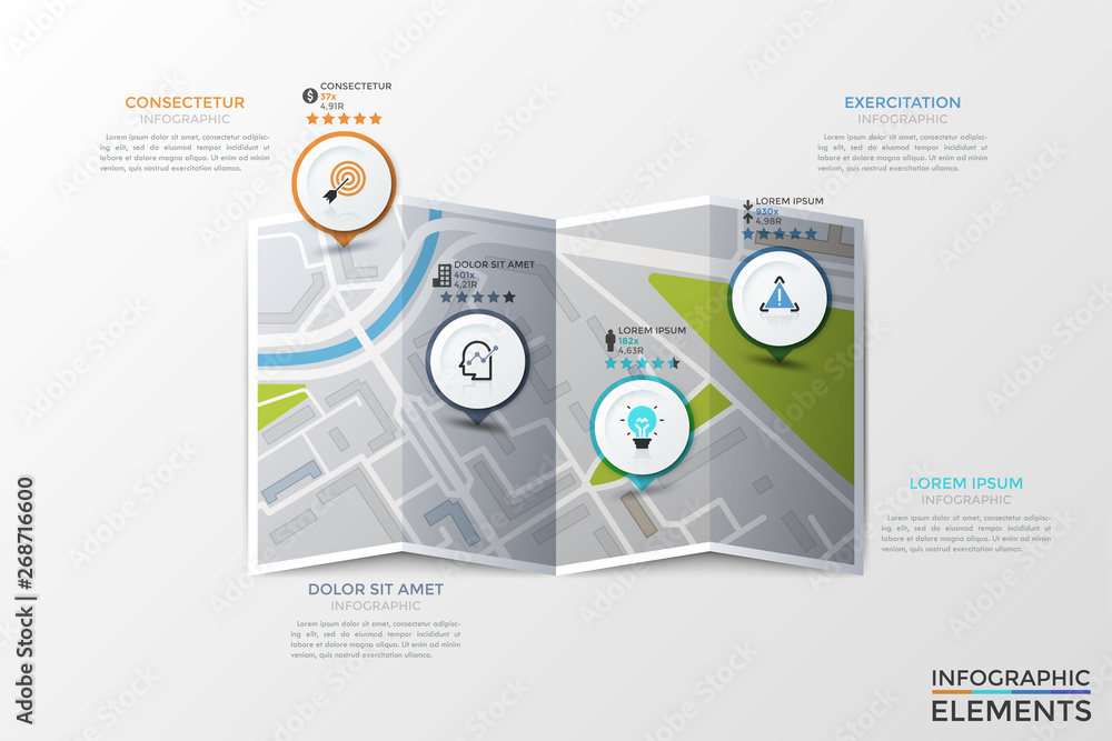 Paper city map, 4 location marks with thin line pictograms inside, five ...