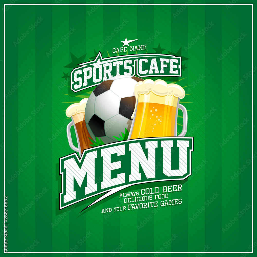 Sports cafe menu cover design with football ball and beer mugs Stock ...