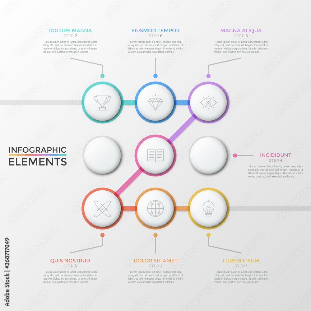 Nine white round elements with linear pictograms inside arranged into ...