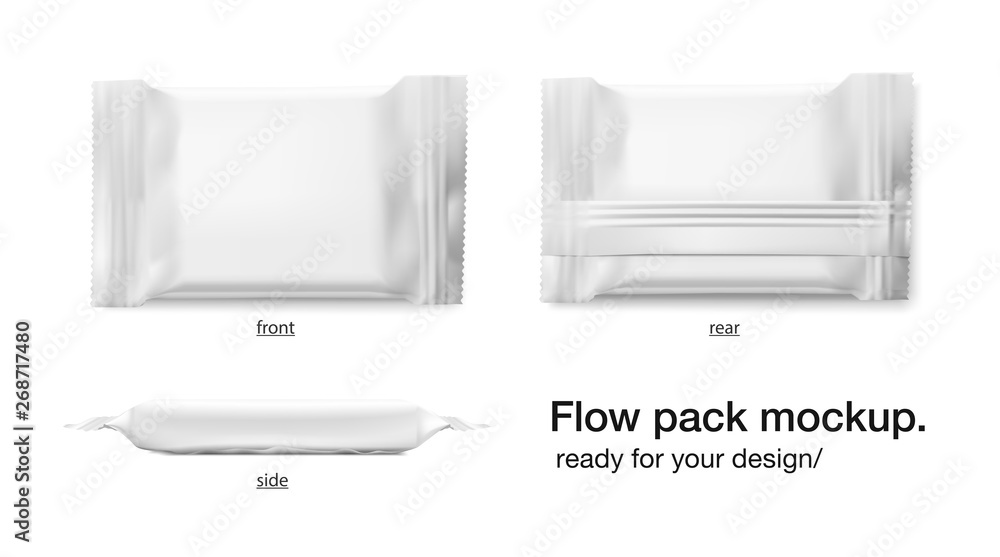 Realistic flow pack mockup. Front and rear view. Vector illustration ...
