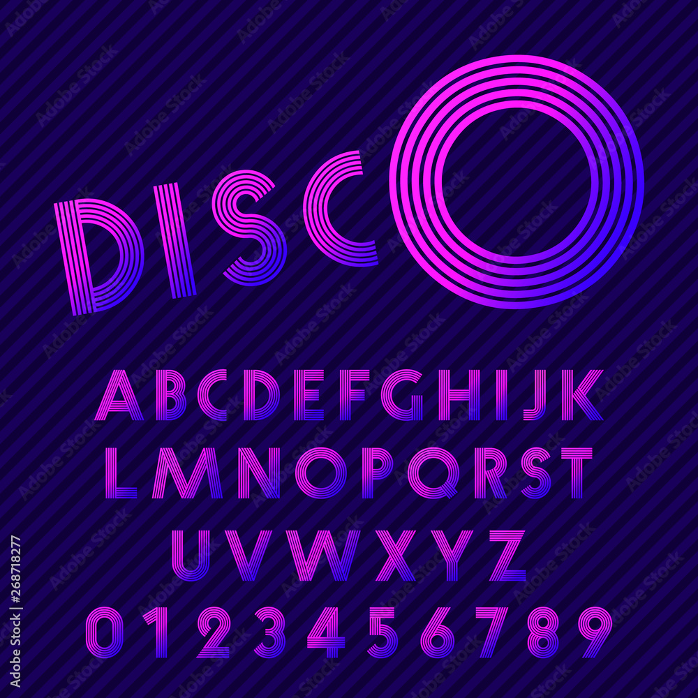 Disco style alphabet, retro nightclub font. Set of letters and numbers ...