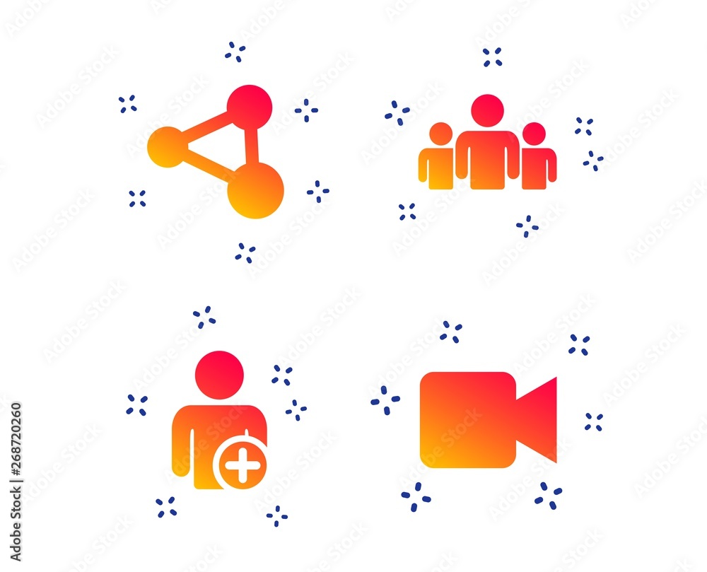 Group of people and share icons. Add user and video camera symbols ...