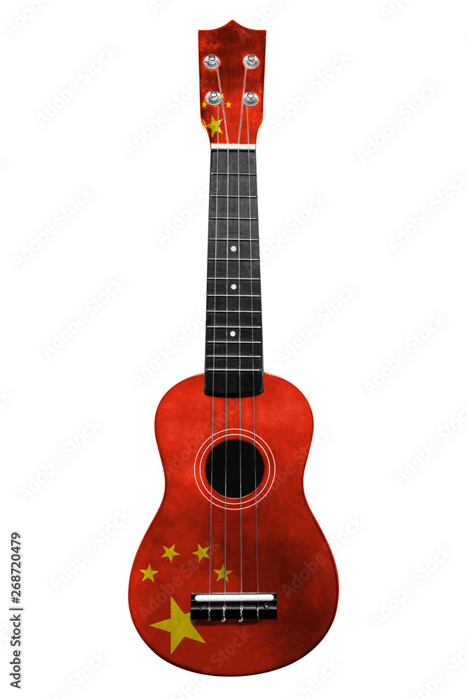 Hawaiian national guitar, ukulele, with a painted China flag, on a ...