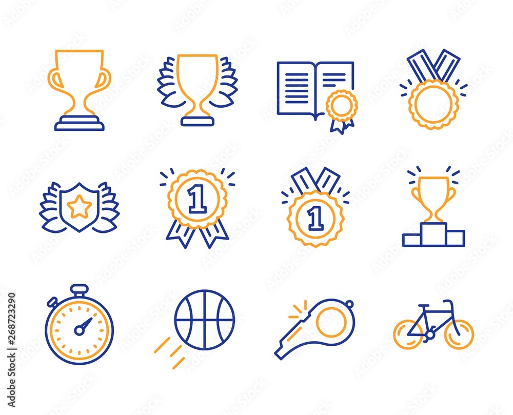 Award cup, Honor and Whistle icons simple set. Reward, Approved and ...