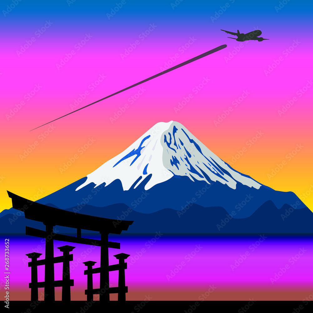 Vector illustration of sunset at Mount Fuji. Symbol of Japan. Stock ...