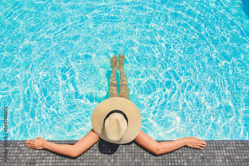 Carefree woman relaxation in swimming pool summer Holiday concept Stock ...