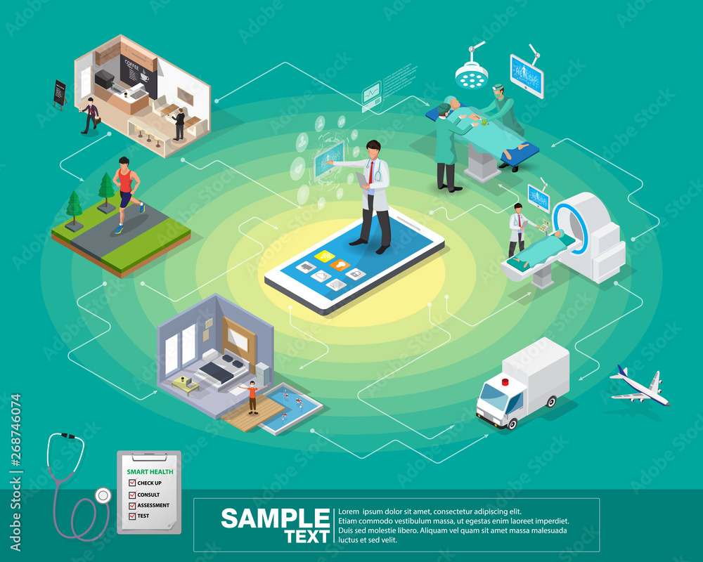 Isometric smart health and medical 3d design illustration - track your ...