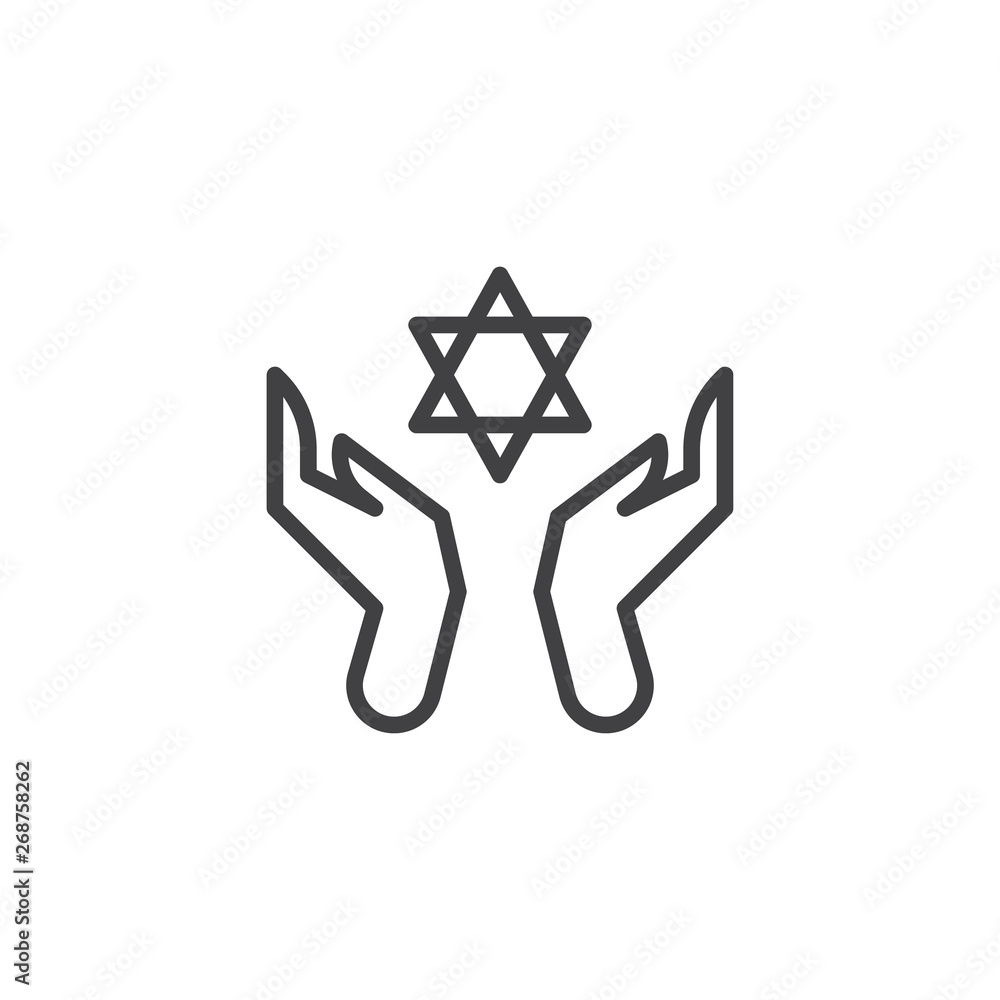Hands hold David Star line icon. linear style sign for mobile concept ...