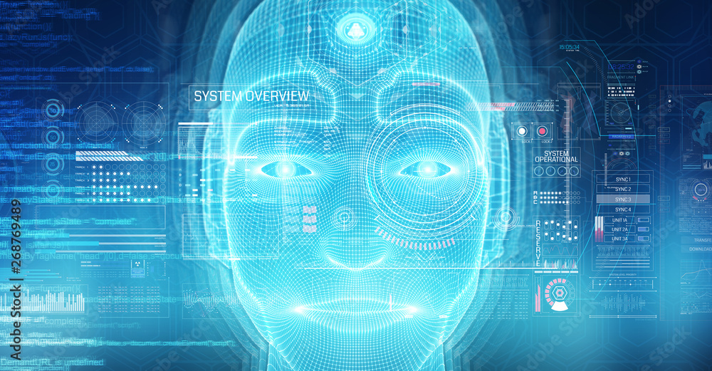 Robotic man cyborg face representing artificial intelligence 3D ...