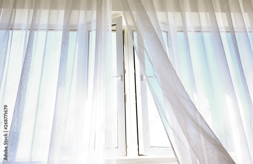 Open window with light curtains in room Stock Photo | Adobe Stock