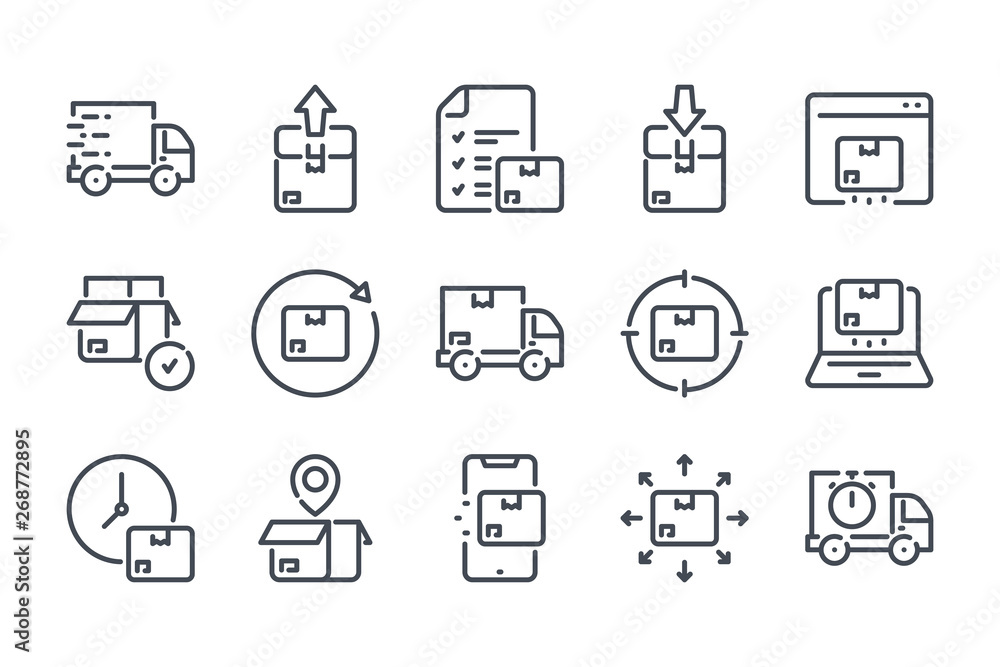 Delivery related line icon set. Export and import linear icons ...