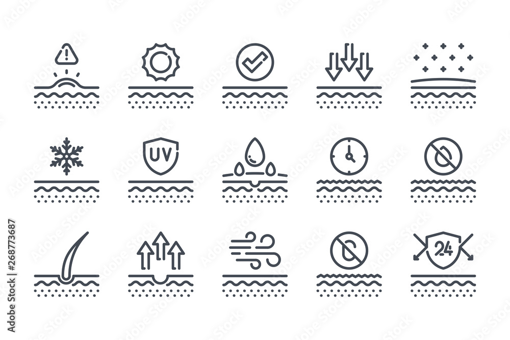 Skin related line icon set. Skin protection linear icons. Skin cells ...