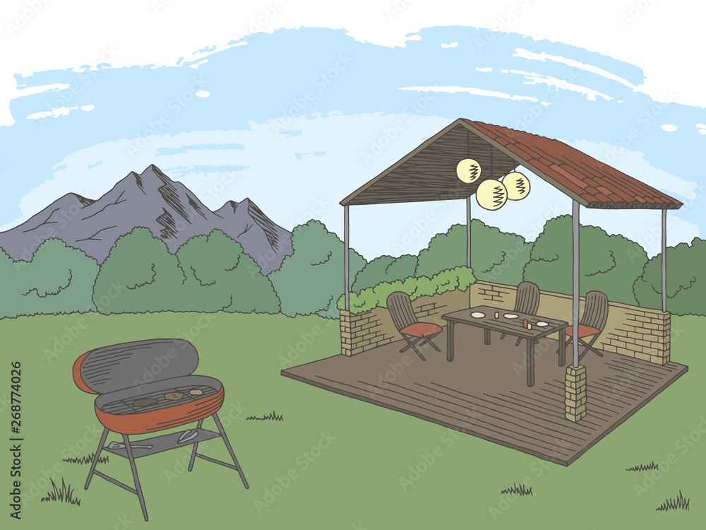 Barbecue graphic color landscape sketch illustration vector Stock ...