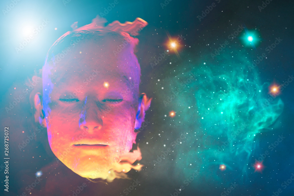 3D render face of man in space as a symbol of philosophy and psychology ...