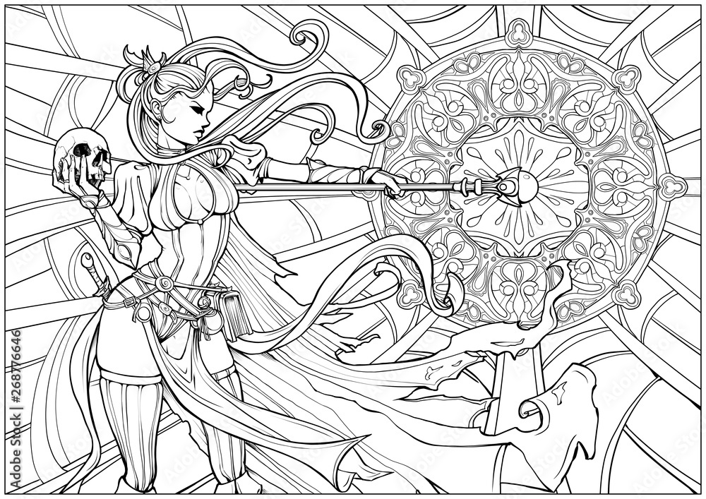 Coloring page for adults, beautiful witch conjures a beautiful complex ...