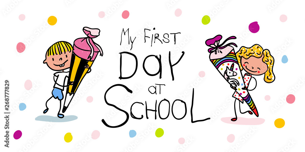 My First Day of school - Erstklässler mit Schultüte freuen sich über ...