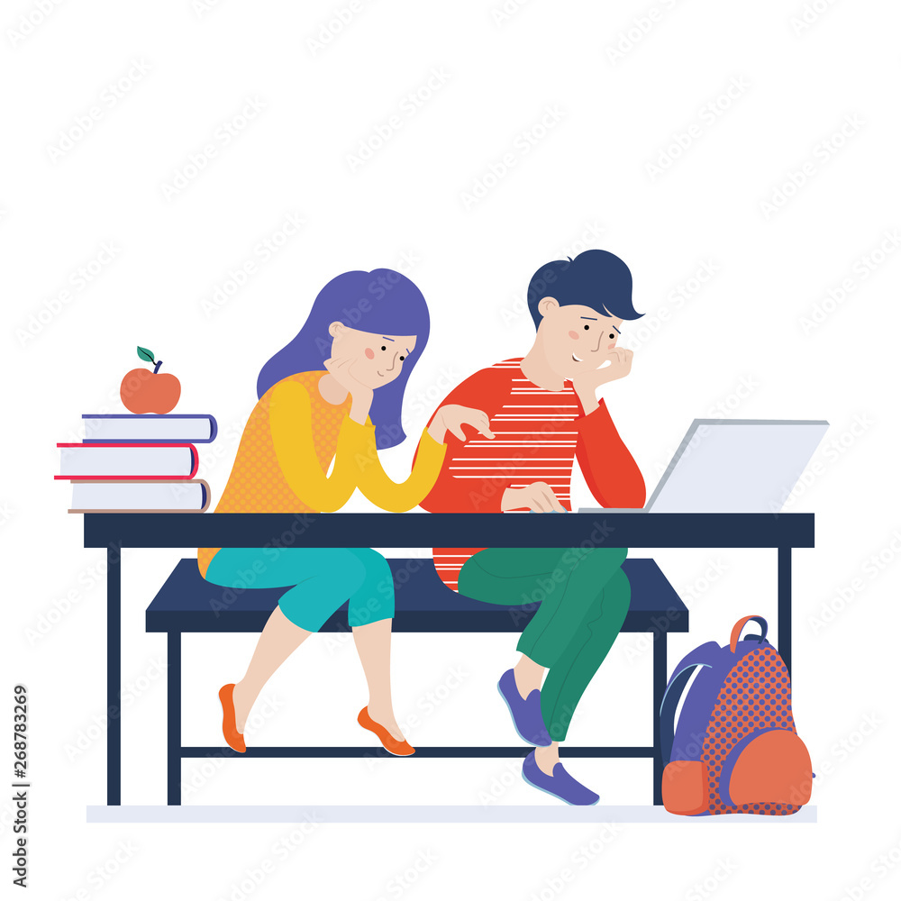 Vecteur Stock Teenage kids, girl and boy working on laptop, coding ...