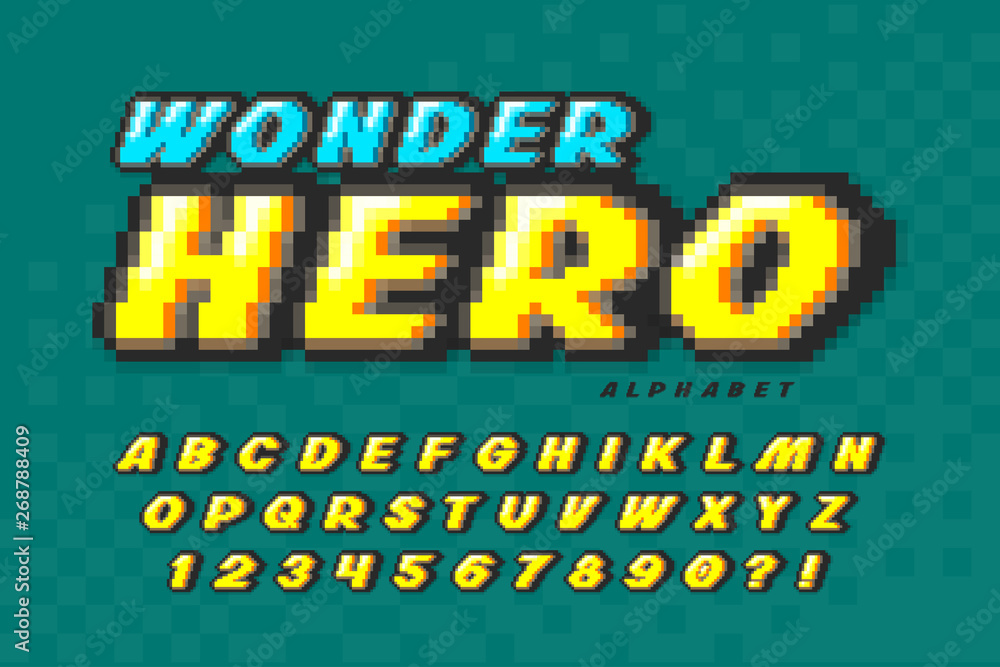 Vetor de Pixel vector font design, super hero style alphabet. do Stock ...