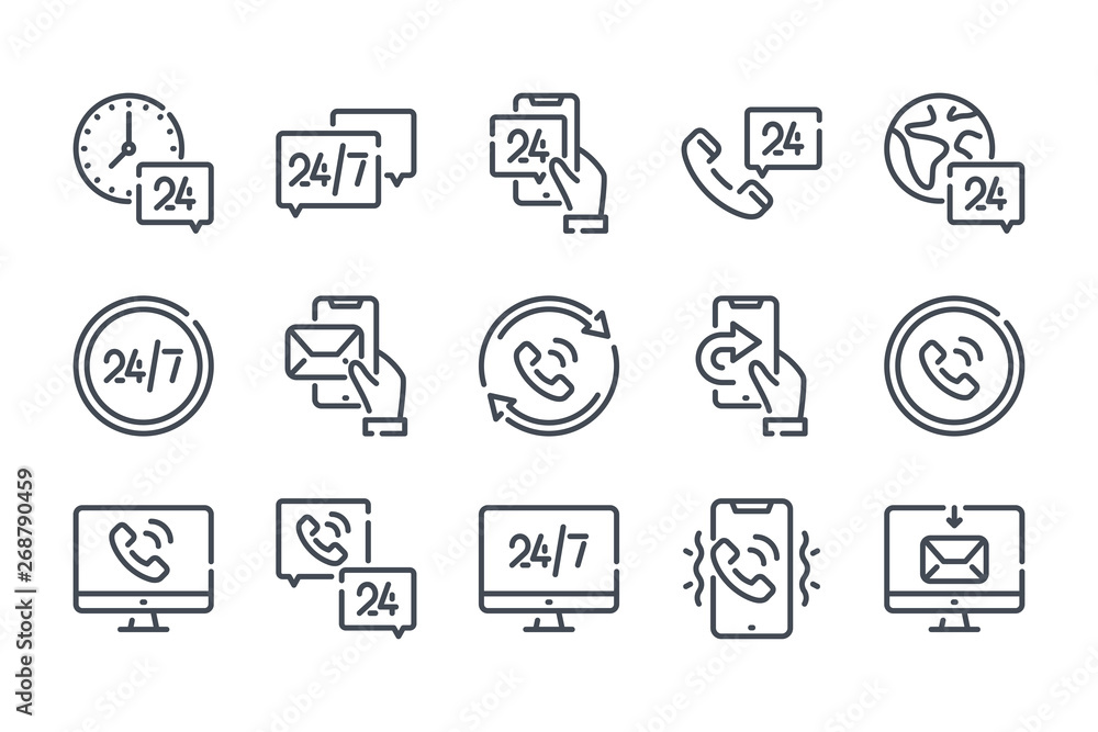 Callback related line icon set. Processing linear icons. Call support ...