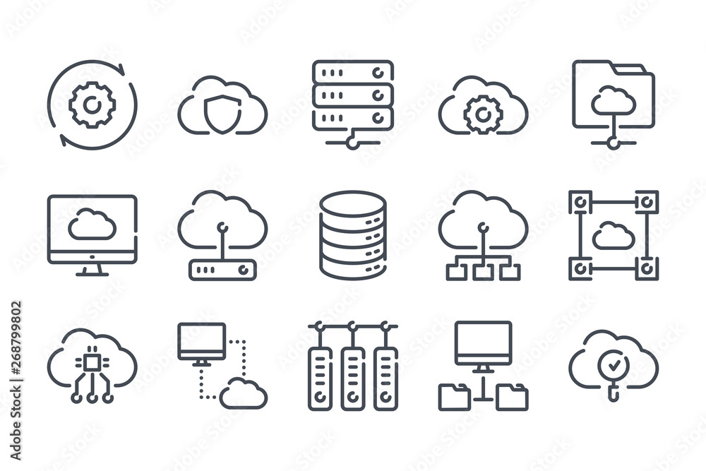 Cloud computing related line icon set. Computer system and Cloud ...