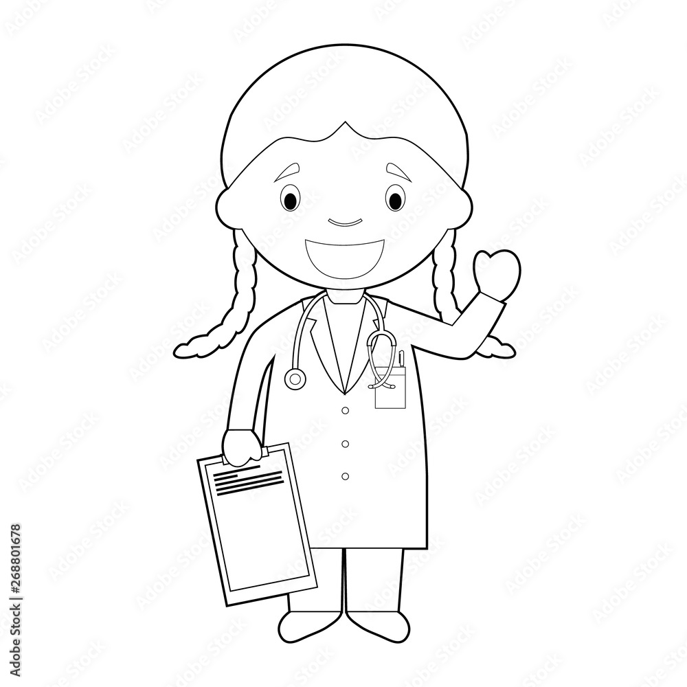 Easy coloring cartoon vector illustration of a female doctor. Stock ...