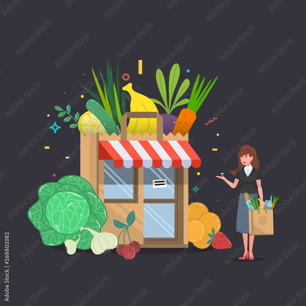 Local fruit and vegetables store building with with a woman. Groceries ...