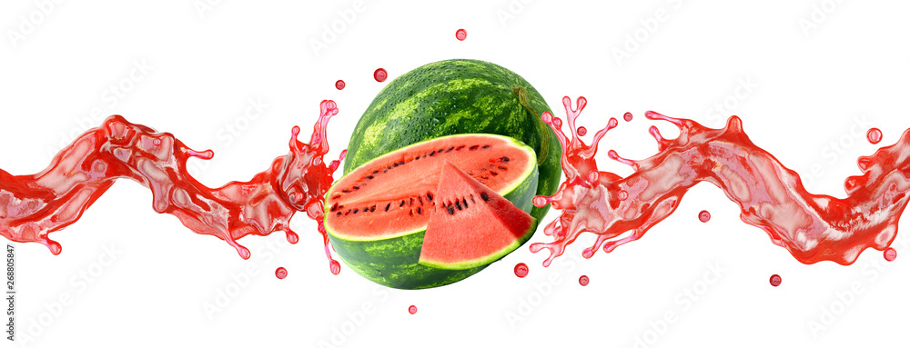 Fresh ripe watermelon with watermelon slice and juice or smoothie swirl ...
