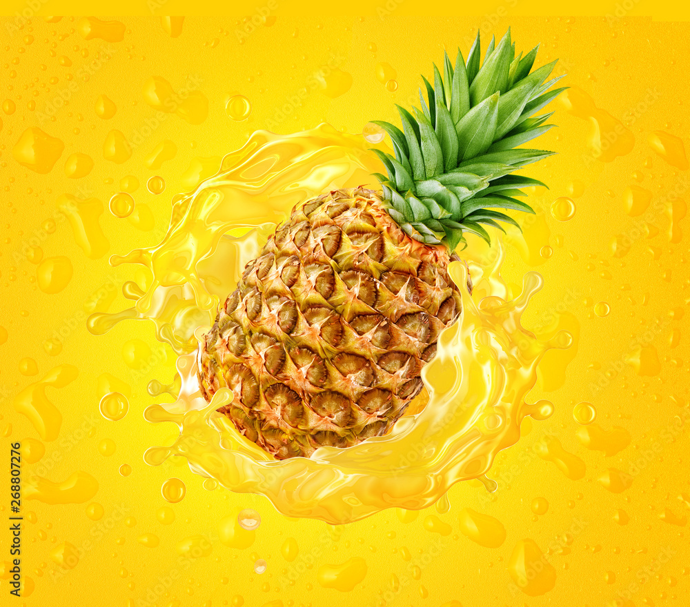 Fresh ripe pineapple and pineapple juice splash wave on drops ...