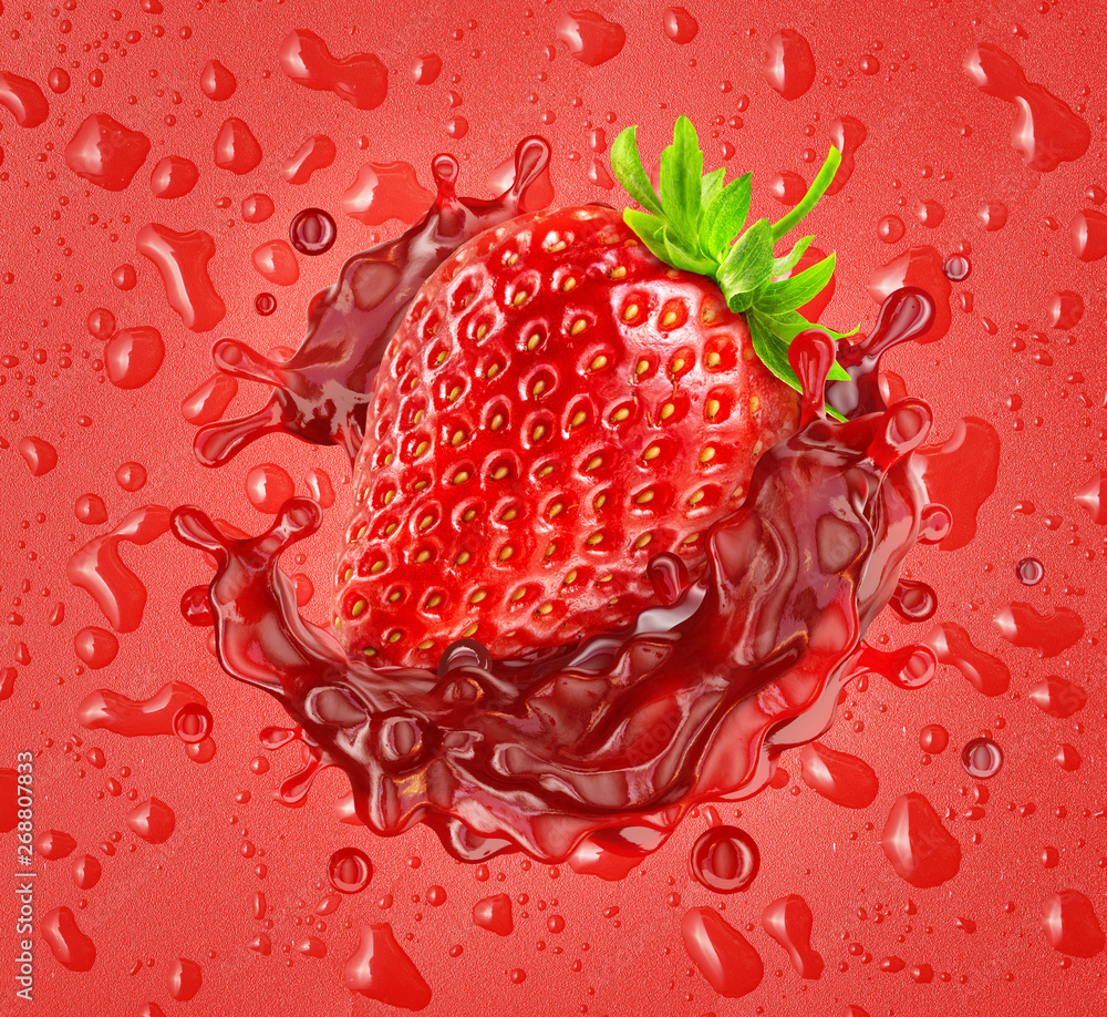 Sweet fresh strawberry juice splash swirl with strawberry on droplets ...