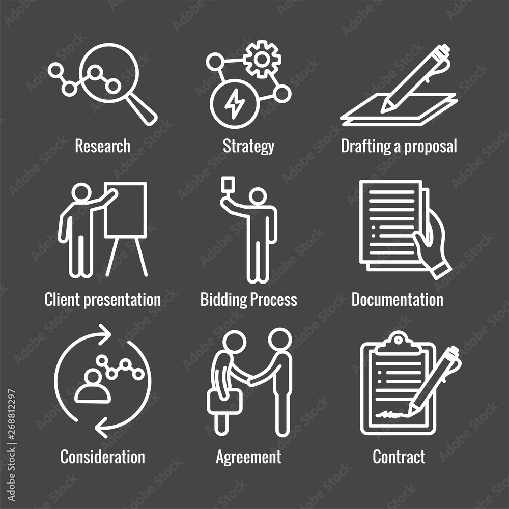 New Business Process Icon Set with Bidding Process, Proposal, Contract ...