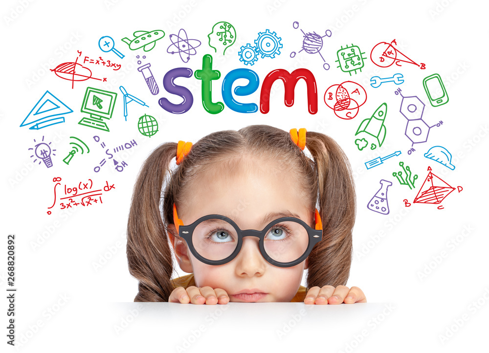 STEM word and doodles above beautiful cute little girl. modern ...