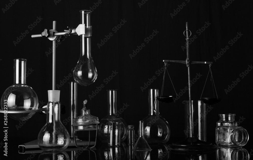 Chemical laboratory variety of flasks and test tubes, chemical scales ...