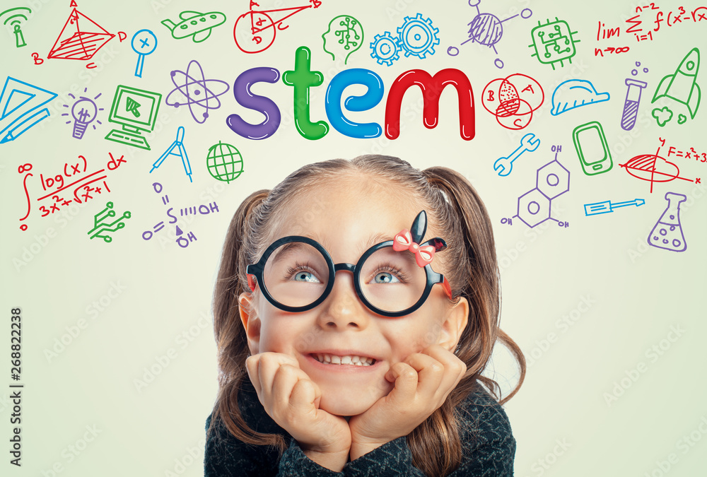 STEM word and doodles above beautiful cute little girl. modern ...