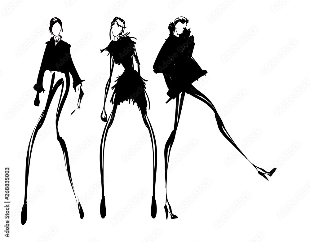Fashion Models Sketch Hand Drawn Stylized Silhouettes Isolated Vector