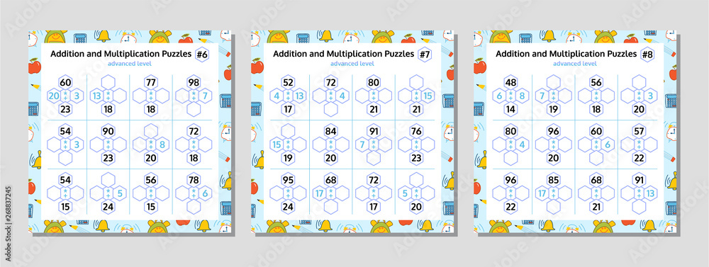 Addition and Multiplication Math Puzzle Set. Mathematical educational ...