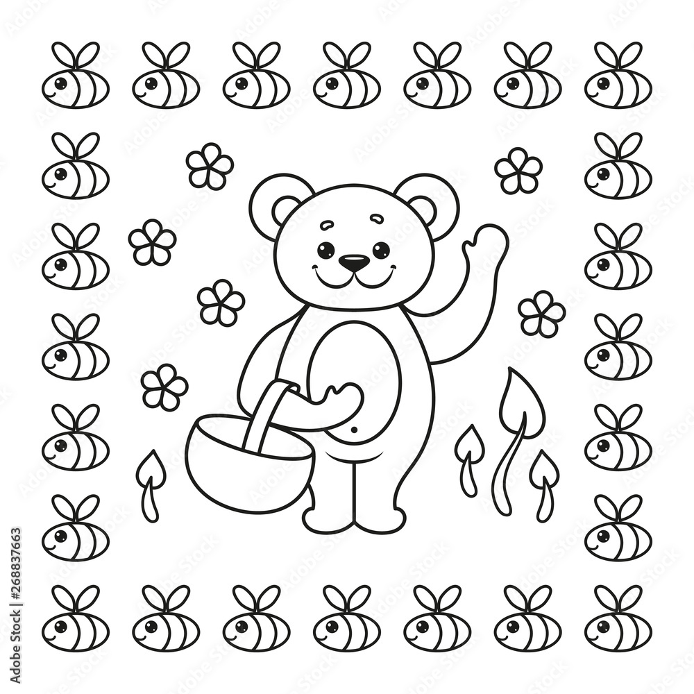 Coloring book page with bear and bee. Vector Illustration. Stock Vector ...