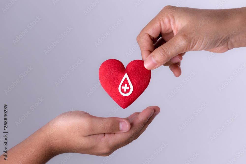 Woman hand gives a red heart to a boy hand for blood donation concept ...
