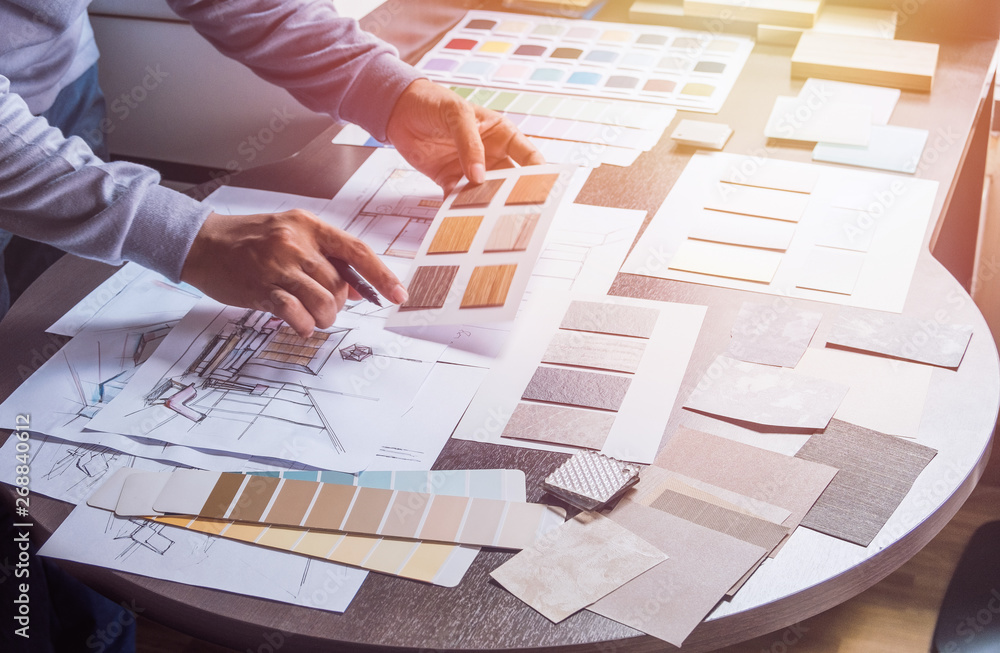 Architect designer Interior creative working hand drawing sketch plan ...