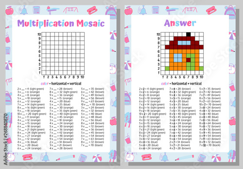 Multiplication Mosaic Math Puzzle Worksheet. Educational Game. Coloring ...