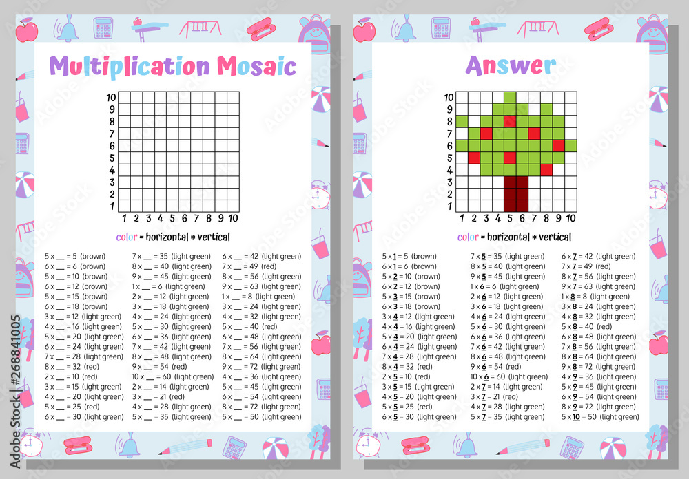 Multiplication Mosaic Math Puzzle Worksheet. Educational Game. Coloring ...