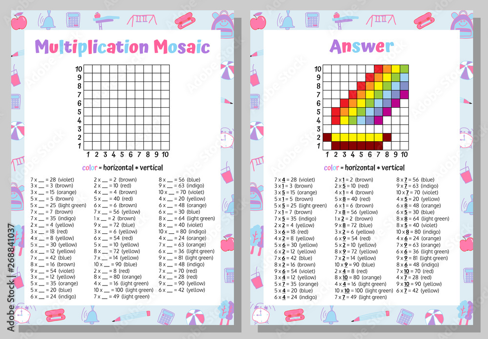 Multiplication Mosaic Math Puzzle Worksheet. Educational Game. Coloring ...