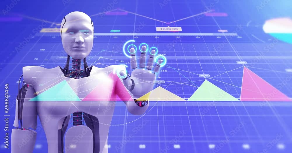 Humanoid Robot Calculating And Analyzing Big Data Artificial Intelligence Related 4k Computer