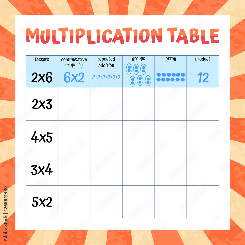 Multiplication Table Mathematics Worksheet. Educational Game. Vector ...