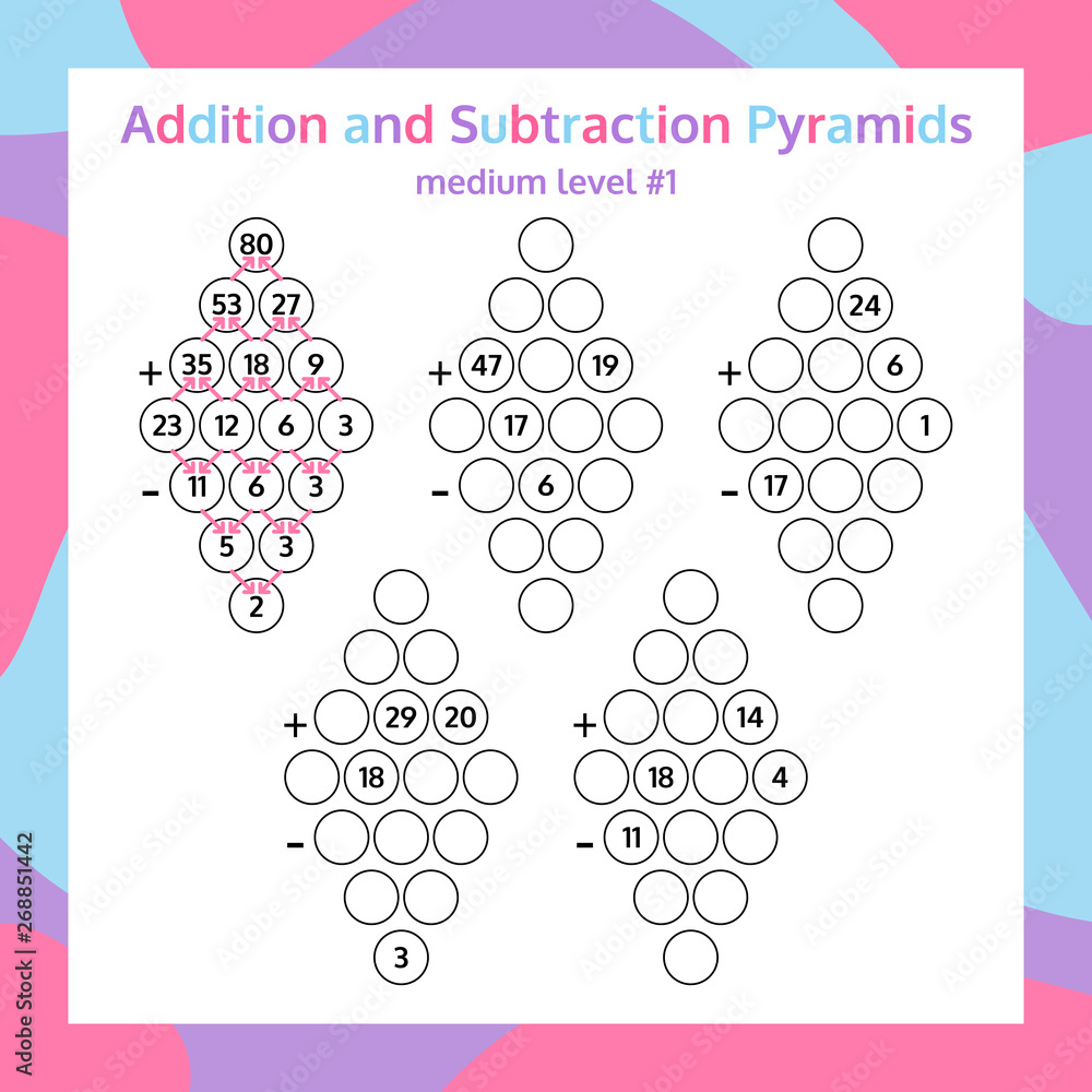 Addition and Subtraction Pyramid Set. Educational Math Game Worksheet ...