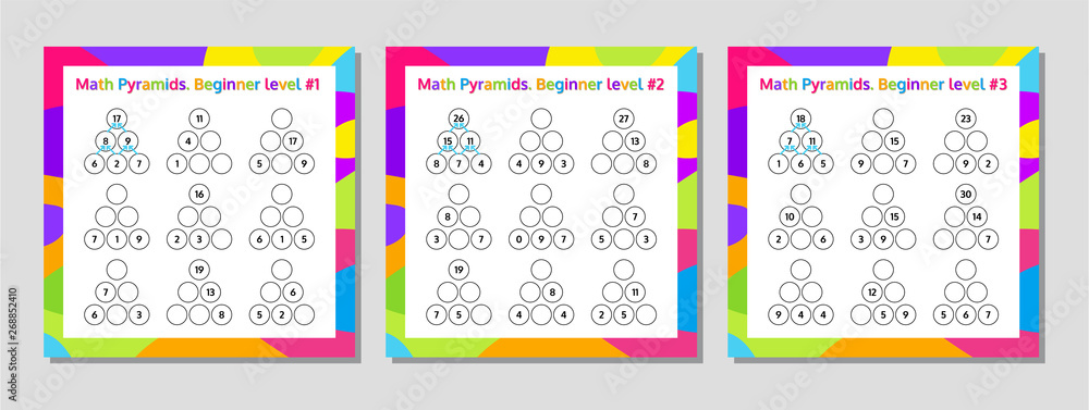 Math Pyramid Educational Game Worksheet Set. Mathematics puzzle. Vector ...