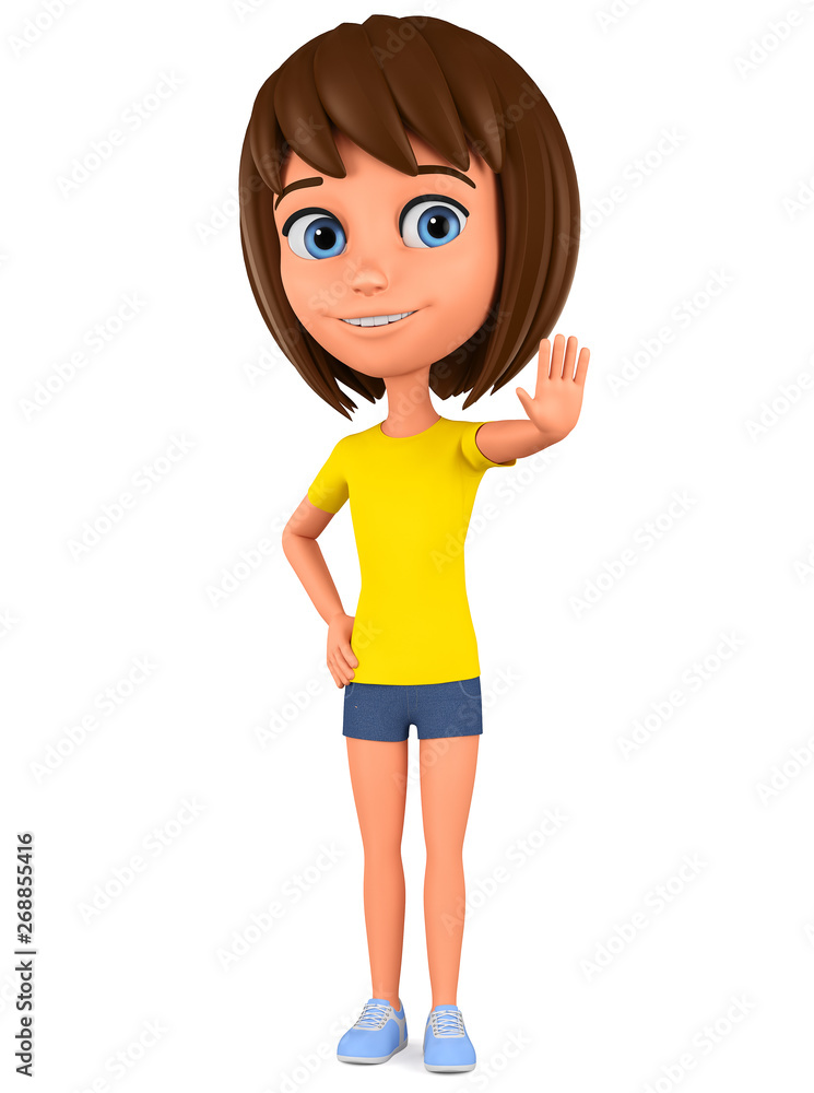 Cartoon character girl shows stop sign. 3d render illustration ...