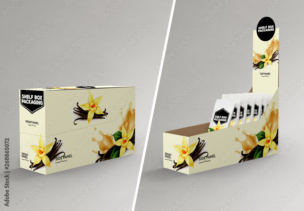 Side View Shelf Box with Snack Packets Packaging Design Mockup Stock ...