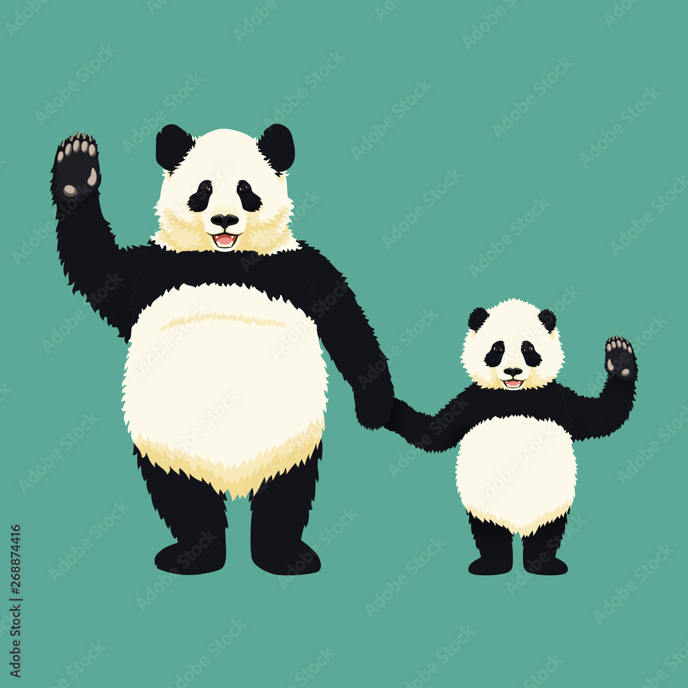Adult giant panda and baby panda standing holding hands and waving ...